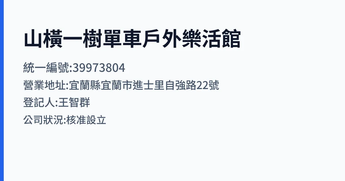 山橫一樹單車戶外樂活館 - 統編 39973804(宜蘭縣) 公司登記資料與營業項目詳細圖表