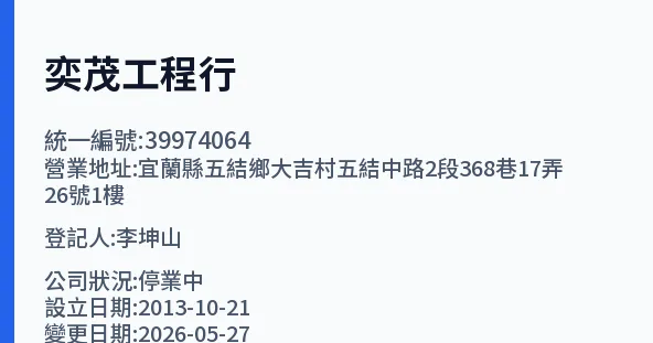 奕茂工程行的照片-統編 39974064(宜蘭縣) 公司登記資料與營業項目詳細圖表