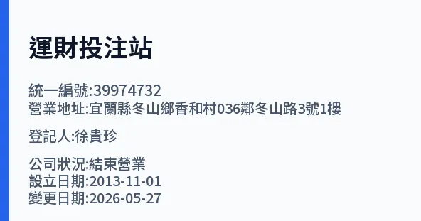 運財投注站的照片-統編 39974732(宜蘭縣) 公司登記資料與營業項目詳細圖表