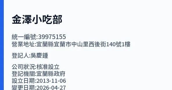 金澤小吃部的照片-統編 39975155(宜蘭縣) 公司登記資料與營業項目詳細圖表