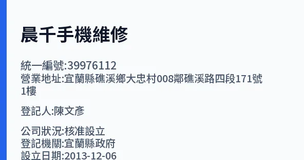 晨千手機維修的照片-統編 39976112(宜蘭縣) 公司登記資料與營業項目詳細圖表