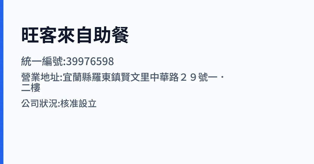 旺客來自助餐 - 統編 39976598(宜蘭縣) 公司登記資料與營業項目詳細圖表