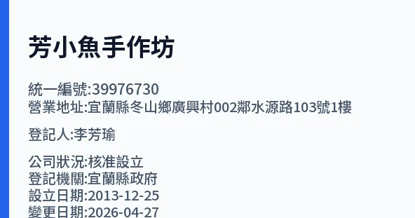 芳小魚手作坊的照片-統編 39976730(宜蘭縣) 公司登記資料與營業項目詳細圖表