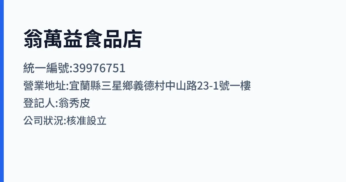 翁萬益食品店 - 統編 39976751(宜蘭縣) 公司登記資料與營業項目詳細圖表