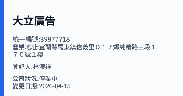 大立廣告的照片-統編 39977718(宜蘭縣) 公司登記資料與營業項目詳細圖表