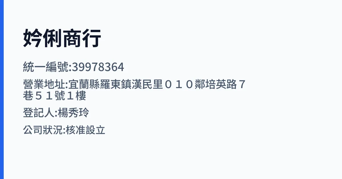 妗俐商行 - 統編 39978364(宜蘭縣) 公司登記資料與營業項目詳細圖表