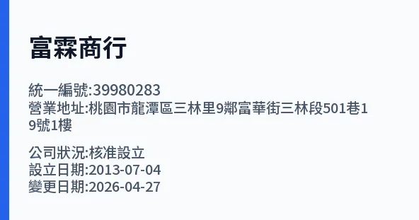富霖商行的照片-統編 39980283(桃園市) 公司登記資料與營業項目詳細圖表