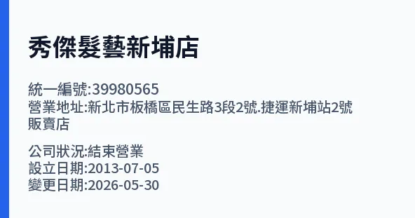 秀傑髮藝新埔店的照片-統編 39980565(新北市) 公司登記資料與營業項目詳細圖表