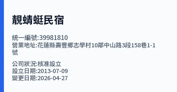靚蜻蜓民宿的照片-統編 39981810(花蓮縣) 公司登記資料與營業項目詳細圖表