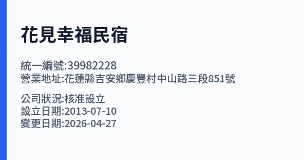 花見幸福民宿的照片-統編 39982228(花蓮縣) 公司登記資料與營業項目詳細圖表