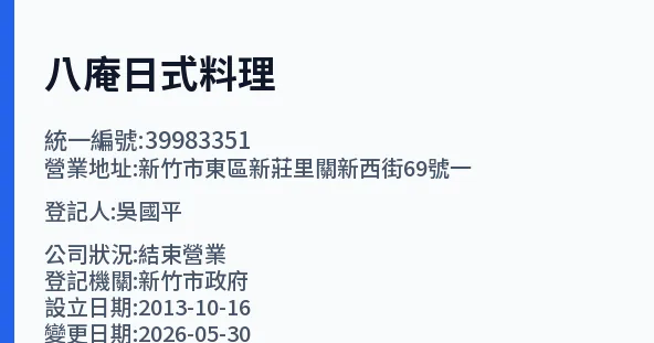 八庵日式料理的照片-統編 39983351(新竹市) 公司登記資料與營業項目詳細圖表