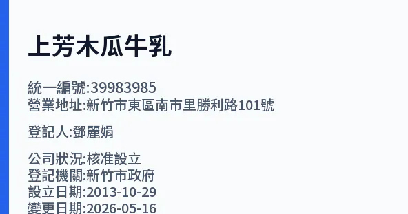 上芳木瓜牛乳的照片-統編 39983985(新竹市) 公司登記資料與營業項目詳細圖表