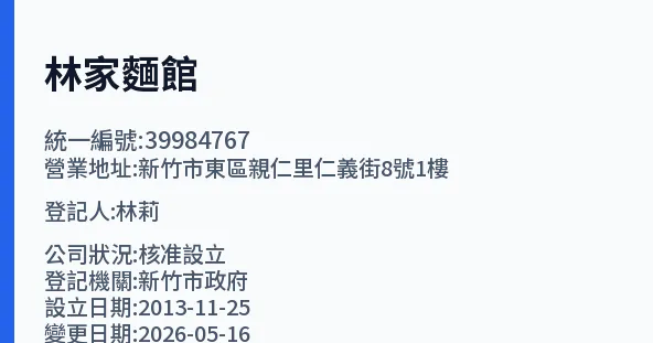 林家麵館的照片-統編 39984767(新竹市) 公司登記資料與營業項目詳細圖表