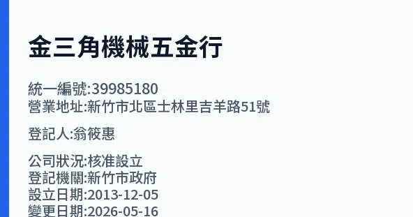 金三角機械五金行的照片-統編 39985180(新竹市) 公司登記資料與營業項目詳細圖表