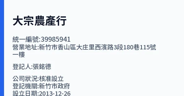 大宗農產行的照片-統編 39985941(新竹市) 公司登記資料與營業項目詳細圖表