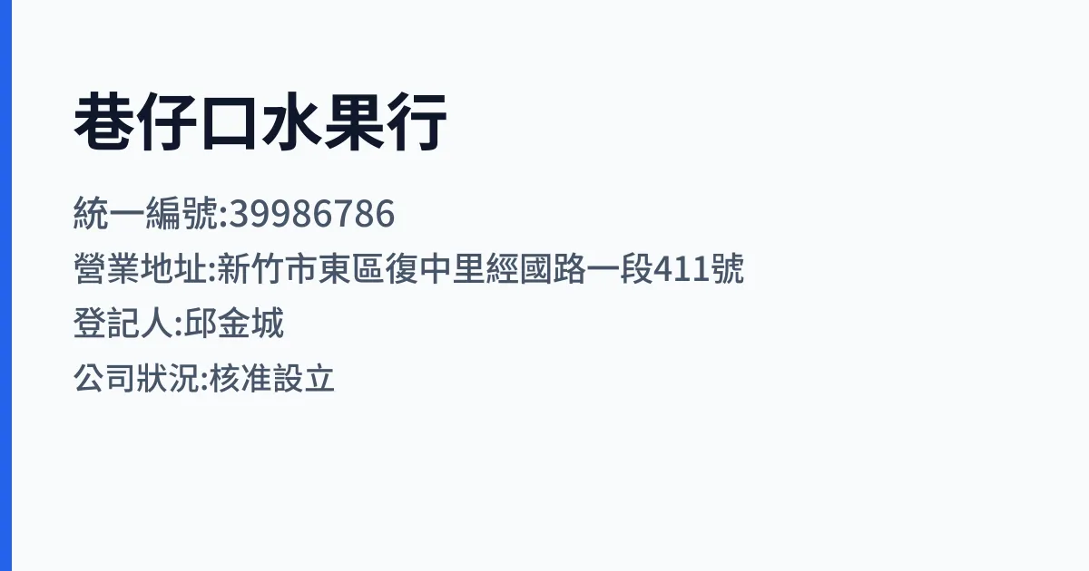 巷仔口水果行 - 統編 39986786(新竹市) 公司登記資料與營業項目詳細圖表