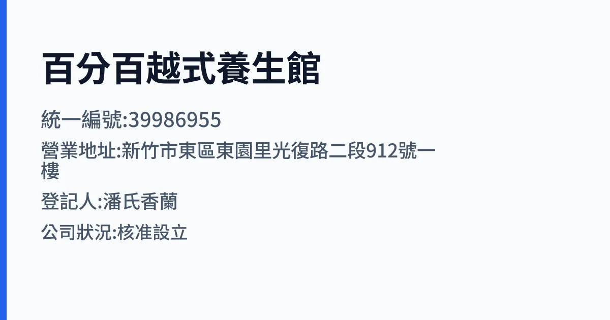 百分百越式養生館 - 統編 39986955(新竹市) 公司登記資料與營業項目詳細圖表