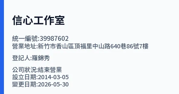 信心工作室的照片-統編 39987602(新竹市) 公司登記資料與營業項目詳細圖表
