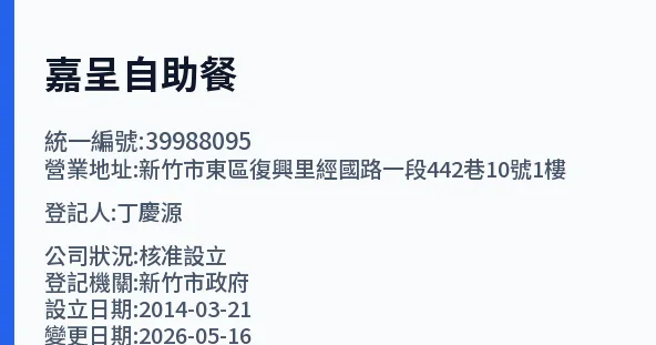嘉呈自助餐的照片-統編 39988095(新竹市) 公司登記資料與營業項目詳細圖表