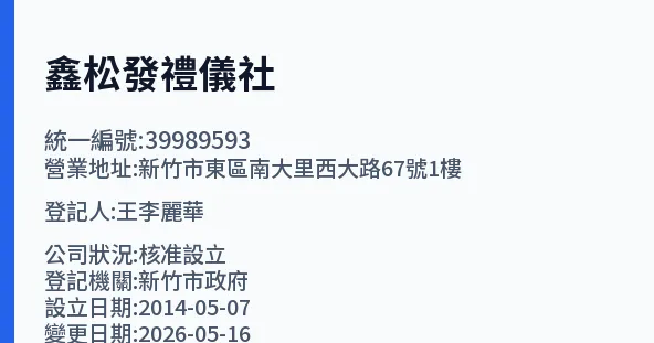 鑫松發禮儀社的照片-統編 39989593(新竹市) 公司登記資料與營業項目詳細圖表
