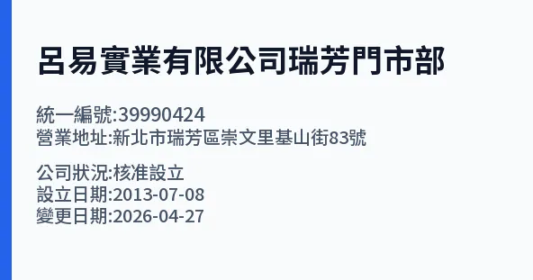 呂易實業有限公司瑞芳門市部的照片-統編 39990424(新北市) 公司登記資料與營業項目詳細圖表