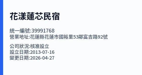 花漾蓮芯民宿的照片-統編 39991768(花蓮縣) 公司登記資料與營業項目詳細圖表