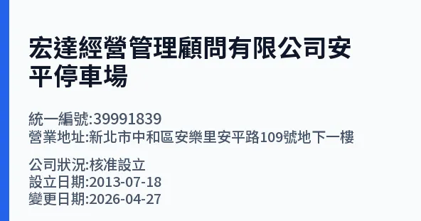 宏達經營管理顧問有限公司安平停車場的照片-統編 39991839(新北市) 公司登記資料與營業項目詳細圖表