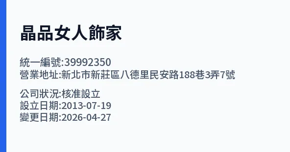 晶品女人飾家的照片-統編 39992350(新北市) 公司登記資料與營業項目詳細圖表