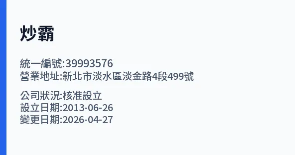 炒霸的照片-統編 39993576(新北市) 公司登記資料與營業項目詳細圖表