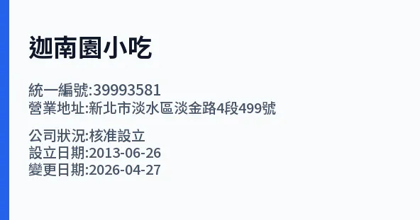 迦南園小吃的照片-統編 39993581(新北市) 公司登記資料與營業項目詳細圖表