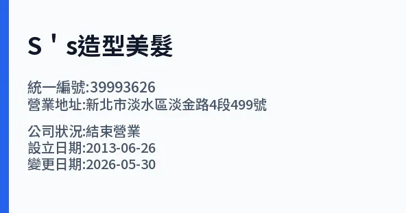 S's造型美髮的照片-統編 39993626(新北市) 公司登記資料與營業項目詳細圖表