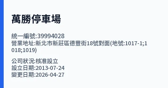萬勝停車場的照片-統編 39994028(新北市) 公司登記資料與營業項目詳細圖表