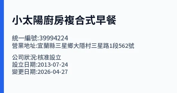 小太陽廚房複合式早餐的照片-統編 39994224(宜蘭縣) 公司登記資料與營業項目詳細圖表
