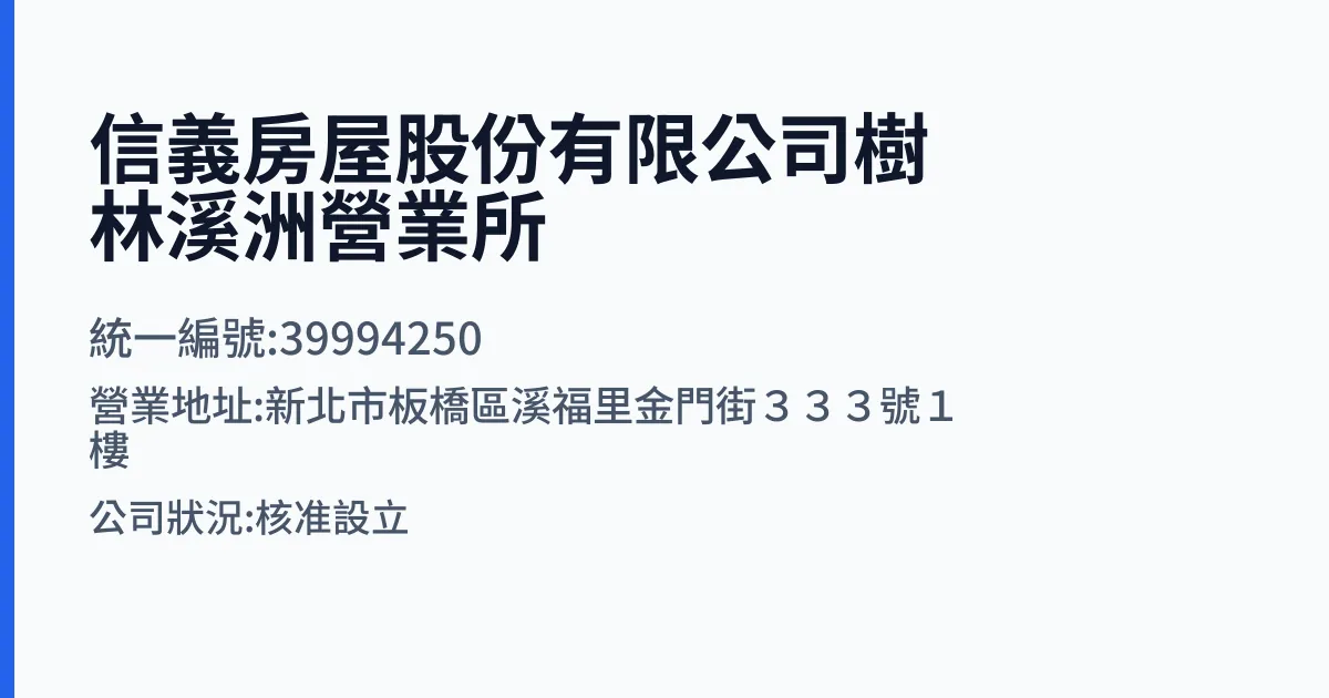 信義房屋股份有限公司樹林溪洲營業所 - 統編 39994250(新北市) 公司登記資料與營業項目詳細圖表