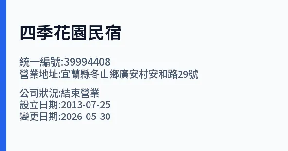 四季花園民宿的照片-統編 39994408(宜蘭縣) 公司登記資料與營業項目詳細圖表