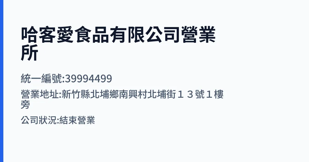 哈客愛食品有限公司營業所 - 統編 39994499(新竹縣) 公司登記資料與營業項目詳細圖表