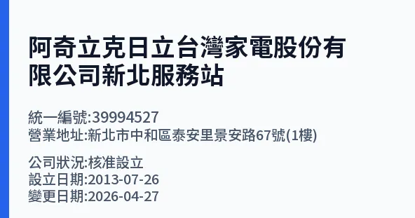 阿奇立克日立台灣家電股份有限公司新北服務站的照片-統編 39994527(新北市) 公司登記資料與營業項目詳細圖表