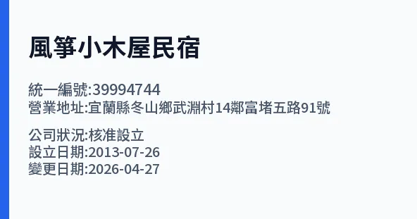 風箏小木屋民宿的照片-統編 39994744(宜蘭縣) 公司登記資料與營業項目詳細圖表