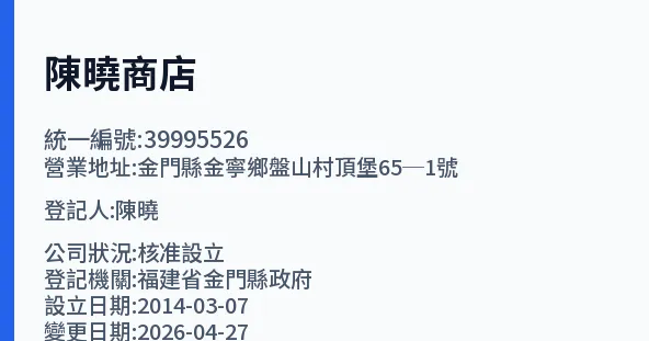 陳曉商店的照片-統編 39995526(金門縣) 公司登記資料與營業項目詳細圖表