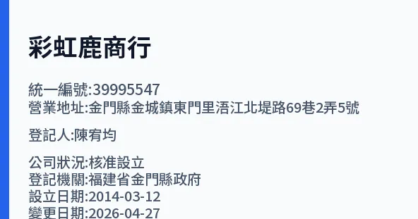 彩虹鹿商行的照片-統編 39995547(金門縣) 公司登記資料與營業項目詳細圖表