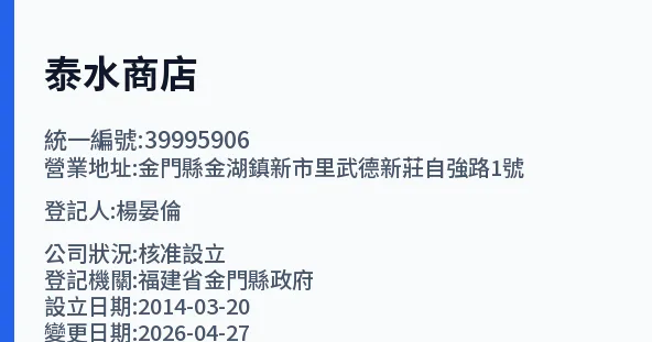 泰水商店的照片-統編 39995906(金門縣) 公司登記資料與營業項目詳細圖表