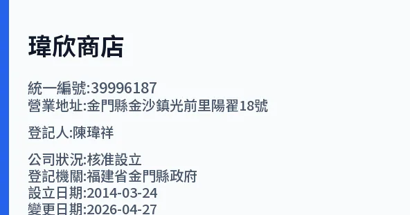 瑋欣商店的照片-統編 39996187(金門縣) 公司登記資料與營業項目詳細圖表