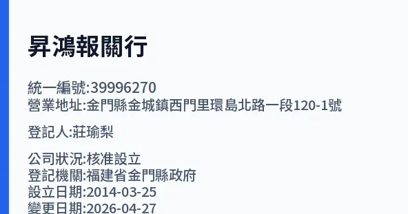 昇鴻報關行的照片-統編 39996270(金門縣) 公司登記資料與營業項目詳細圖表
