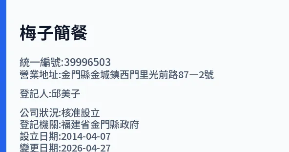 梅子簡餐的照片-統編 39996503(金門縣) 公司登記資料與營業項目詳細圖表