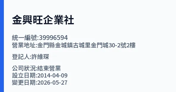 金興旺企業社的照片-統編 39996594(金門縣) 公司登記資料與營業項目詳細圖表