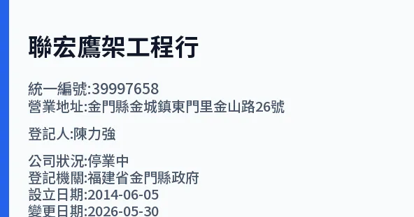 聯宏鷹架工程行的照片-統編 39997658(金門縣) 公司登記資料與營業項目詳細圖表