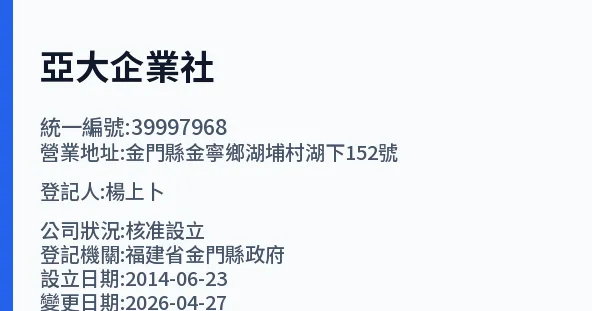 亞大企業社的照片-統編 39997968(金門縣) 公司登記資料與營業項目詳細圖表