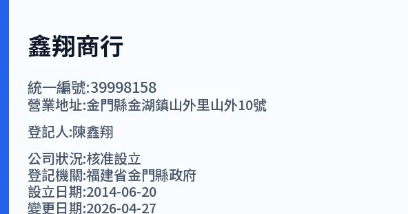 鑫翔商行的照片-統編 39998158(金門縣) 公司登記資料與營業項目詳細圖表