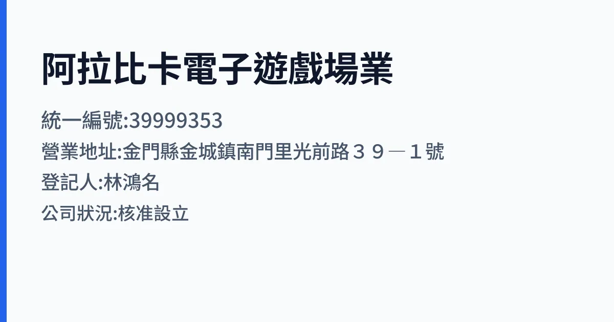 阿拉比卡電子遊戲場業 - 統編 39999353(金門縣) 公司登記資料與營業項目詳細圖表