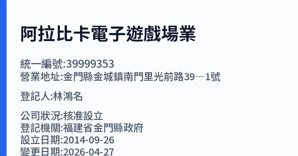 阿拉比卡電子遊戲場業的照片-統編 39999353(金門縣) 公司登記資料與營業項目詳細圖表